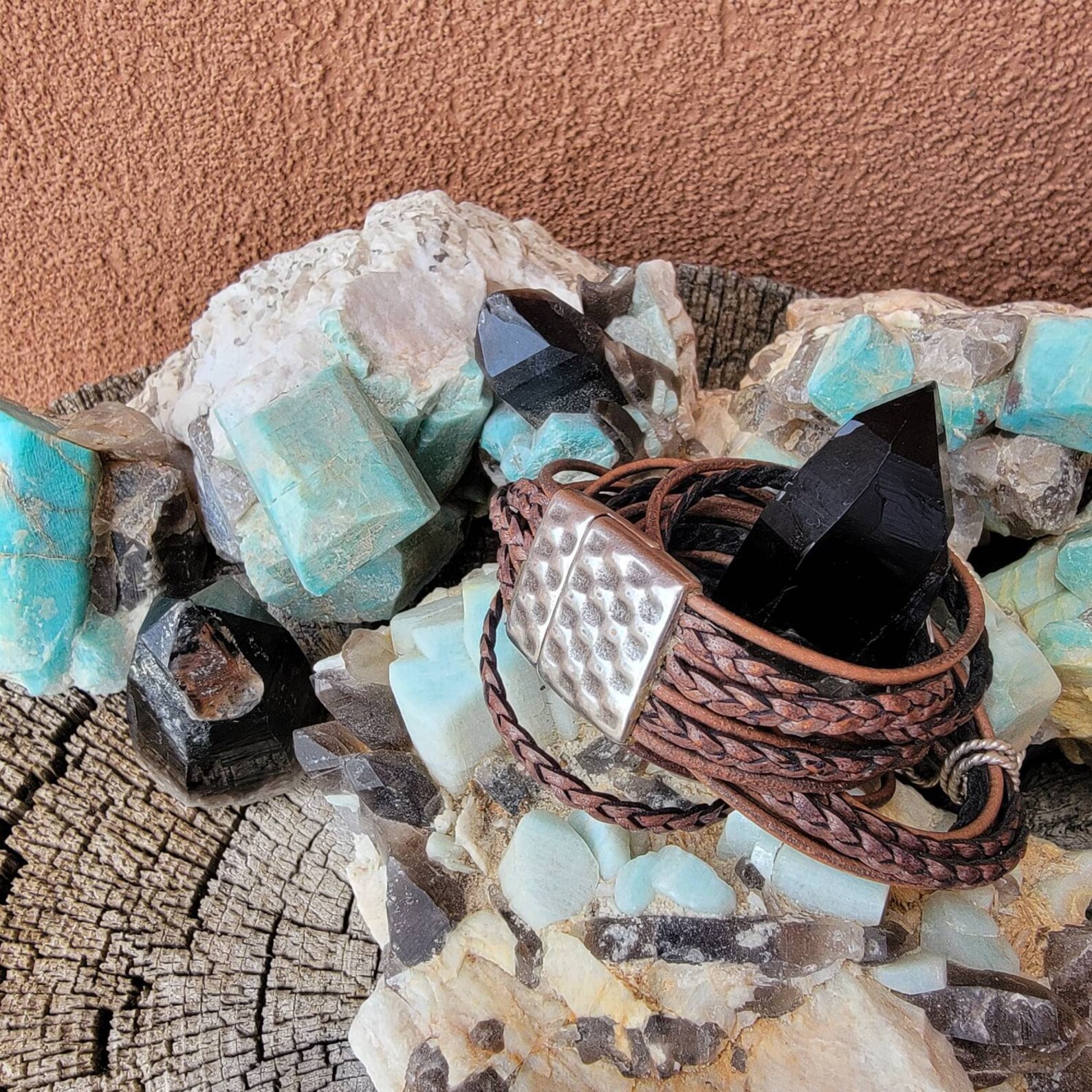 Distressed Leather Stone Cuff, Amazonite and Leather Cuff Bracelet ...
