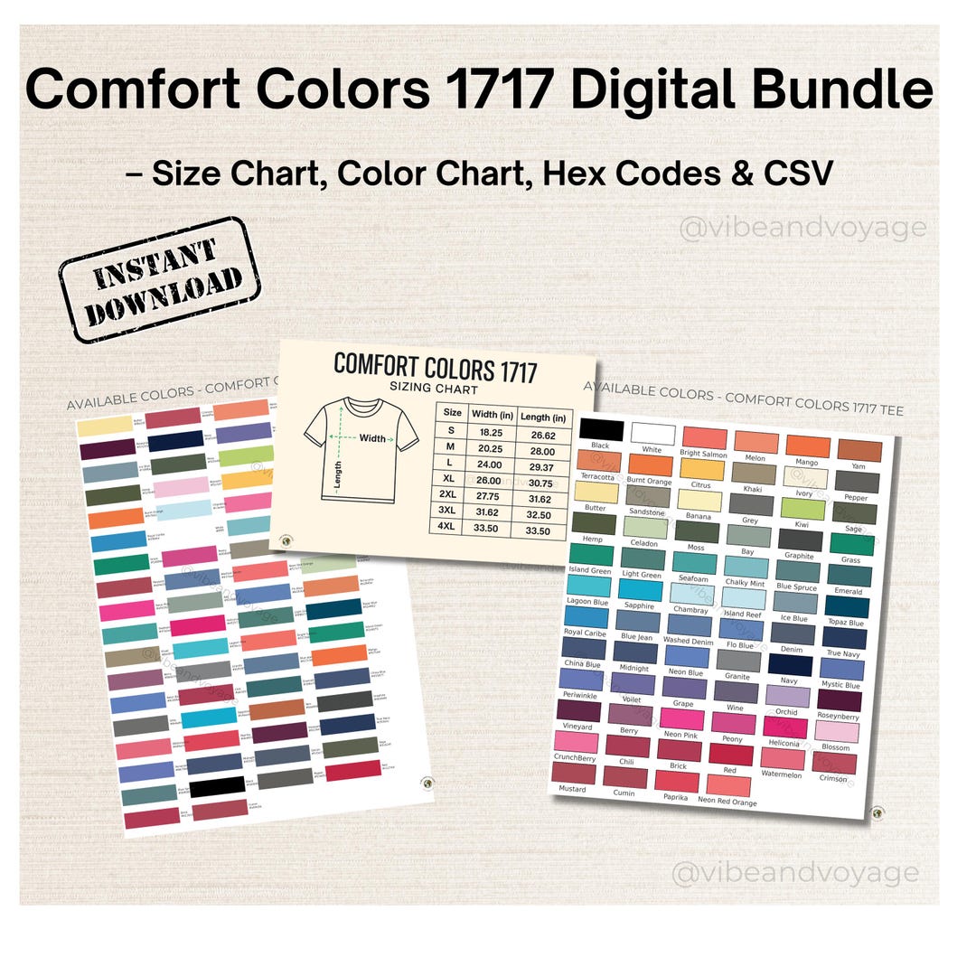 Comfort Colors 1717 Digital Bundle: Size + Color Charts (instant ...