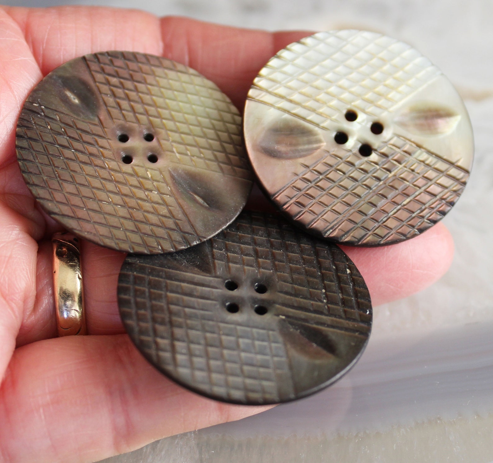 Antique 38mm Intricately Carved Shell Button 4 Hole Sold as Set of 5 or ...