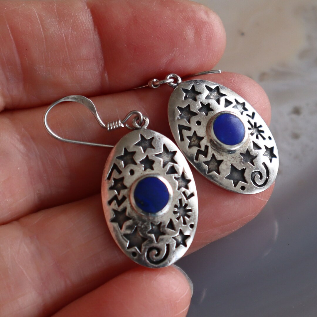 Vintage Lapis Inlay Star Pattern Sterling Silver Earrings 1 1/2 Long - Etsy
