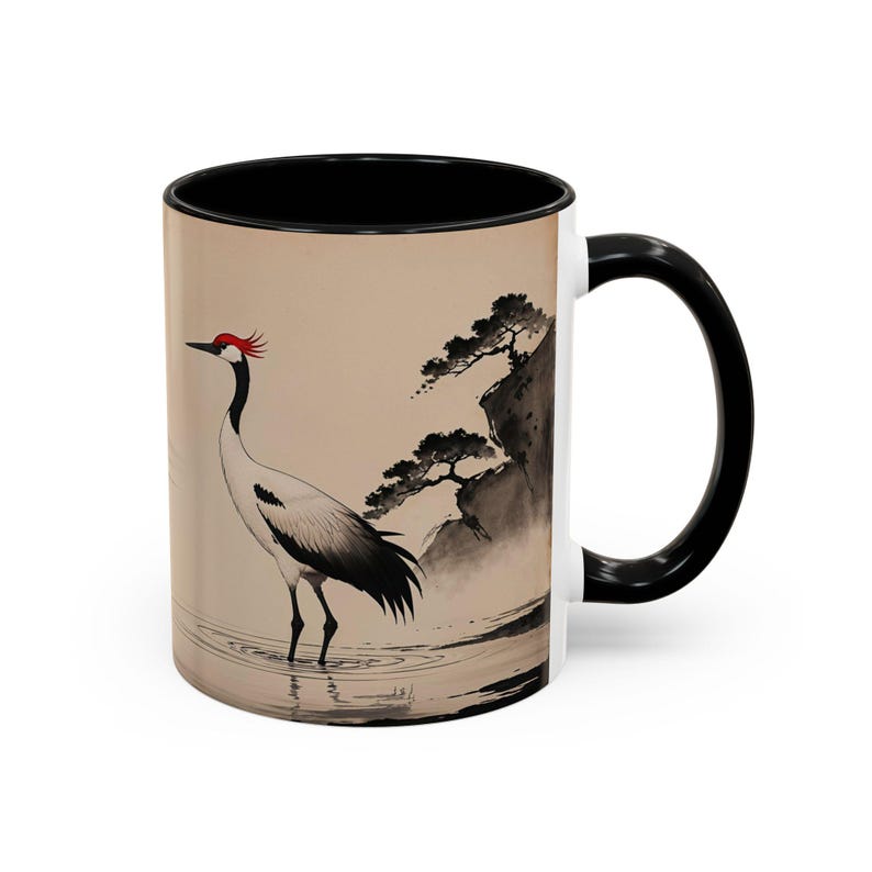 Japandi Crane Mug, Red Crowned Bird Coffee Cup, Zen Minimalist Art ...