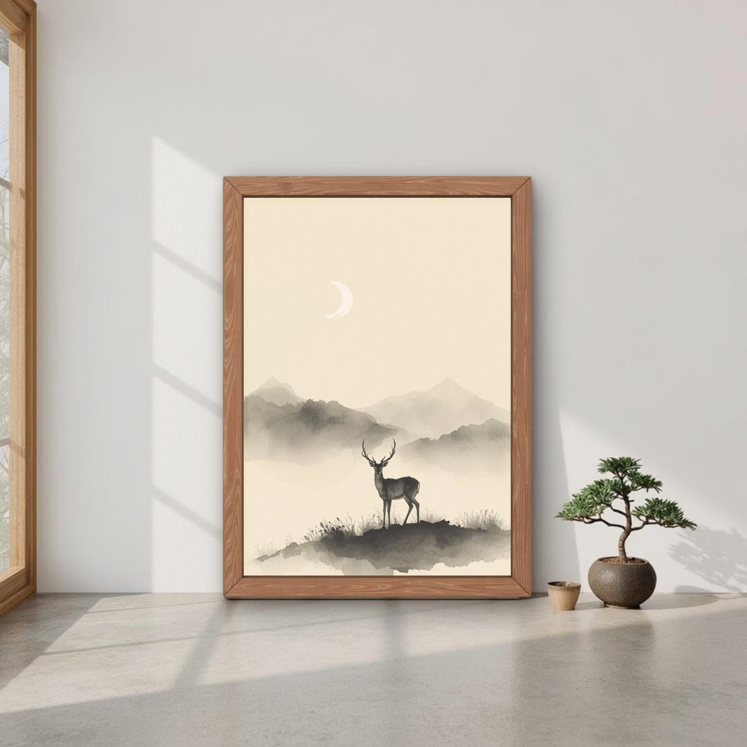 Zen Deer Moon Art Print | Japanese Sumi-e Mist Landscape | Minimal ...