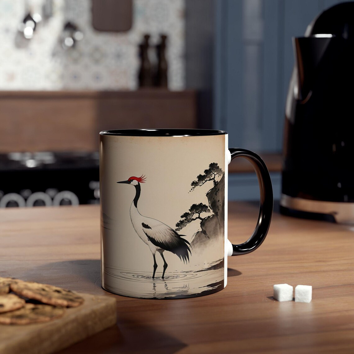 Japandi Crane Mug, Red Crowned Bird Coffee Cup, Zen Minimalist Art ...