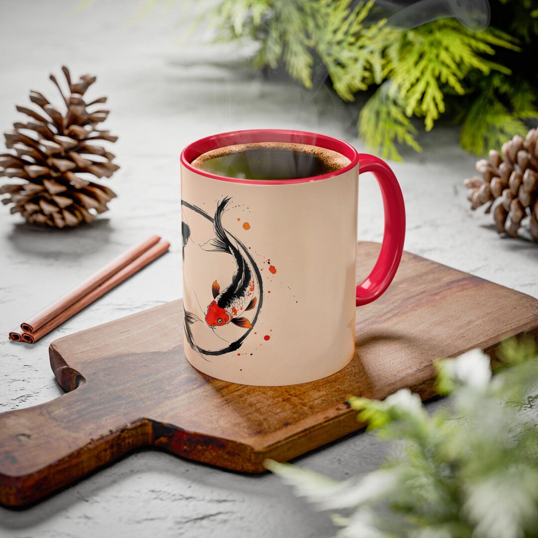 Japandi Koi Fish Mug, Zen Yin Yang Coffee Cup, Good Luck Gift, Red ...