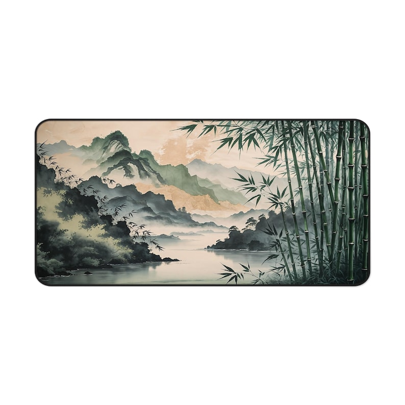 Japandi Bamboo Desk Mat, Zen Sumi-e Landscape, Aesthetic Green Mousepad ...