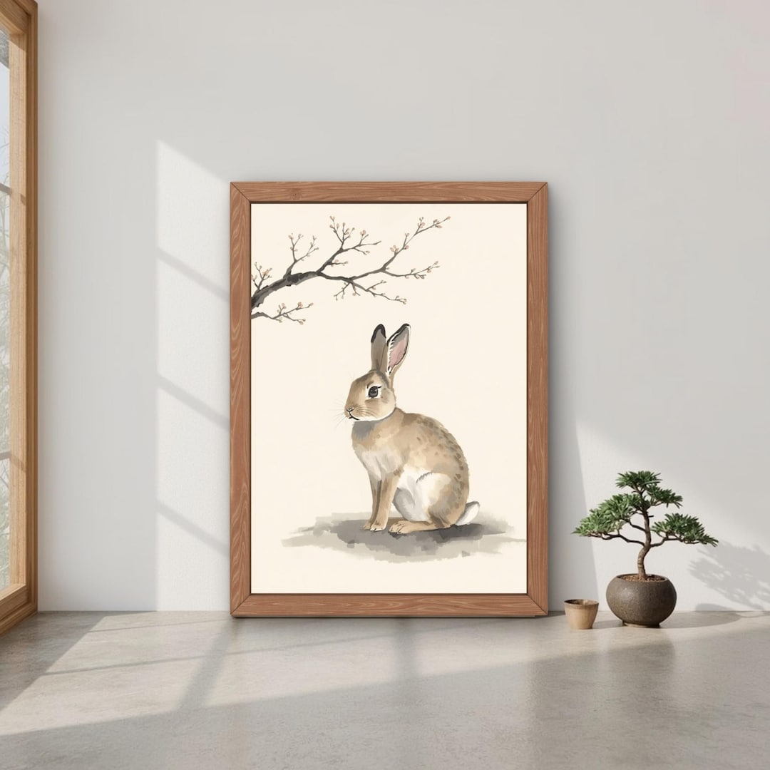 Zen Rabbit Art Print | Japanese Minimal Sumi-e Bunny Painting | Soft ...