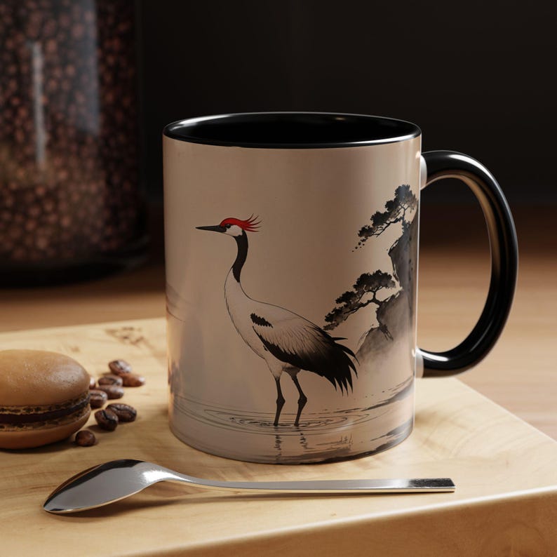 Japandi Crane Mug, Red Crowned Bird Coffee Cup, Zen Minimalist Art ...