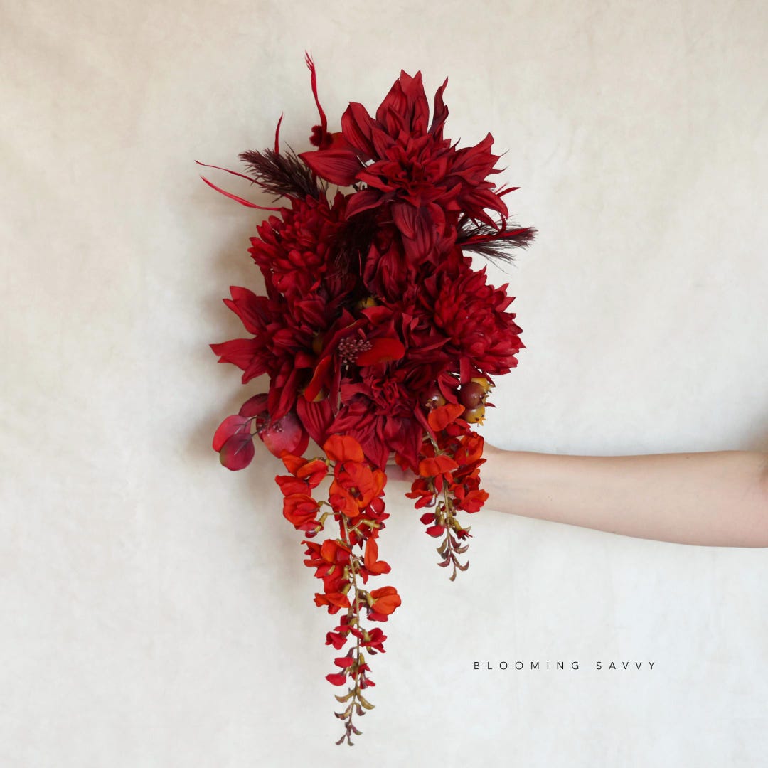 Dark Red Cascading Bridal Bouquet & Boutonniere | Christmas Wedding ...