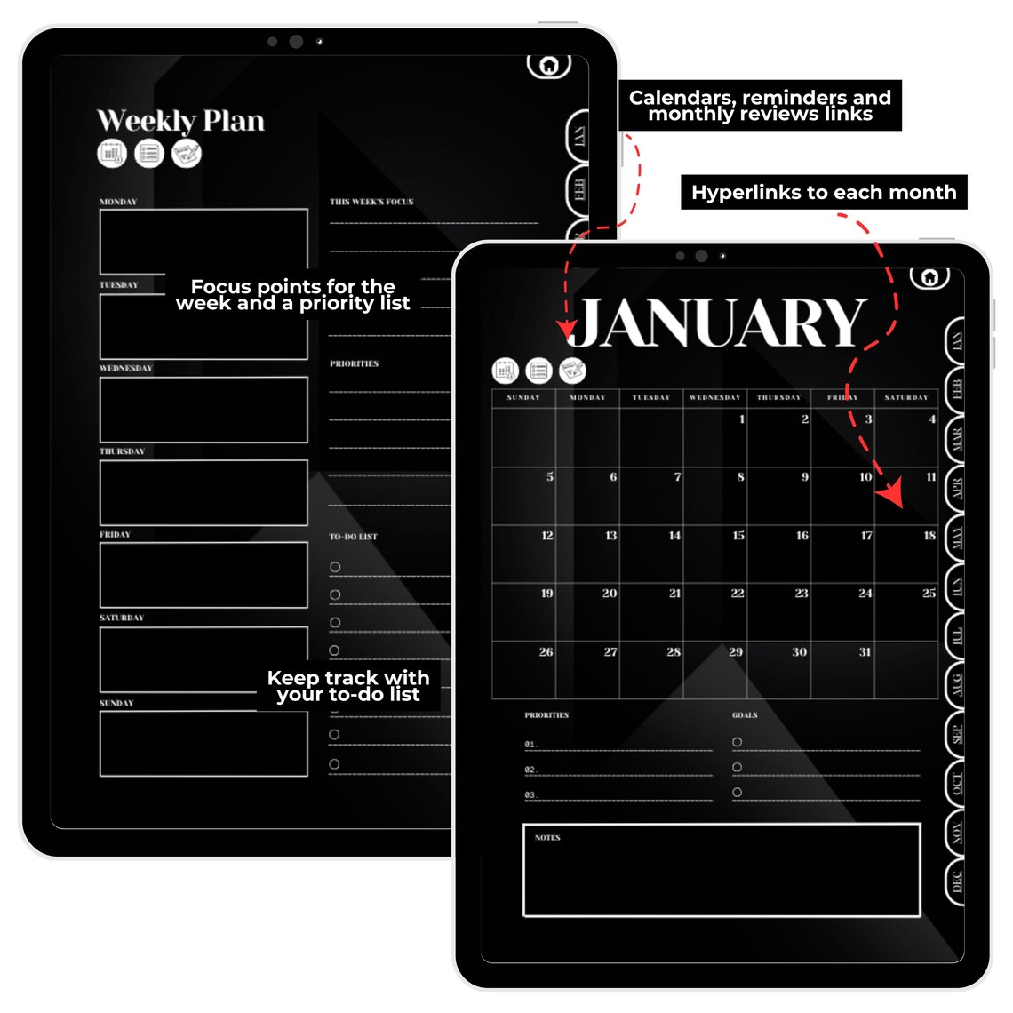 Black and White Digital Planner | Hyperlinks | Google & Apple Calendar ...