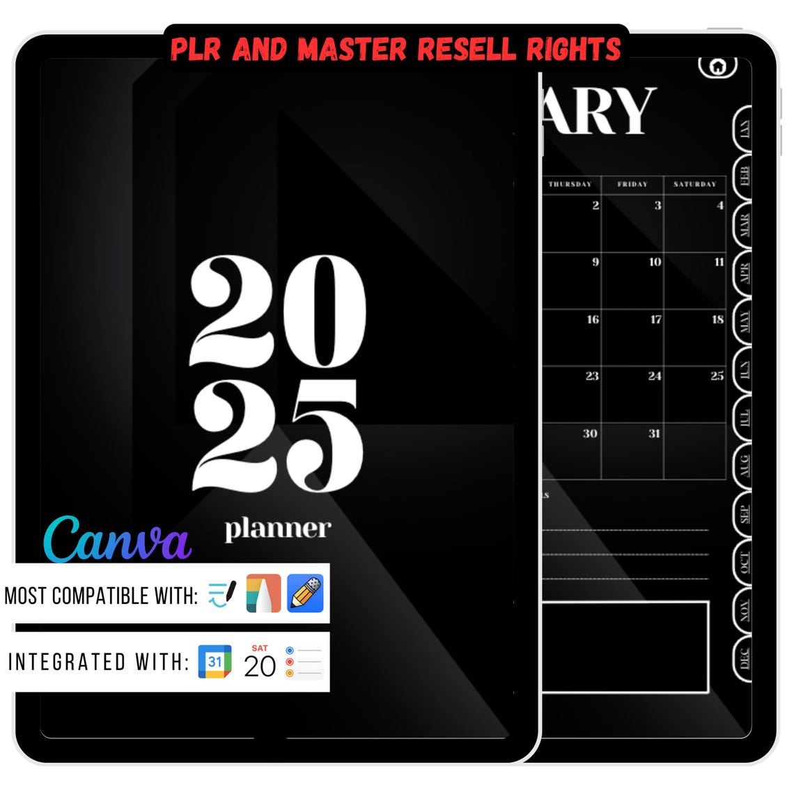 Black and White Digital Planner | Hyperlinks | Google & Apple Calendar ...