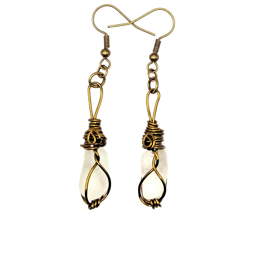 Handcrafted Whitby Sea Glass Earrings, Bronze Detail, Coastal Jewellery ...