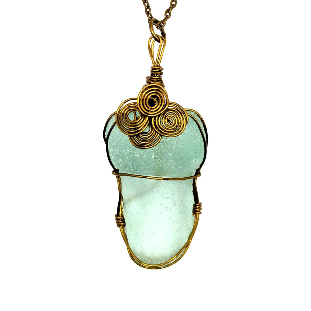 Rare Blue Whitby Sea Glass Pendant Necklace: Bronze Detail, Coastal ...