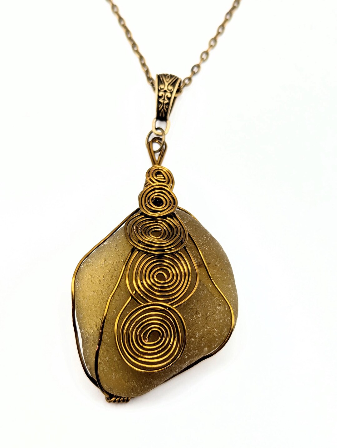 Rare Yellow Whitby Sea Glass Pendant Necklace: Bronze Wire Detail ...