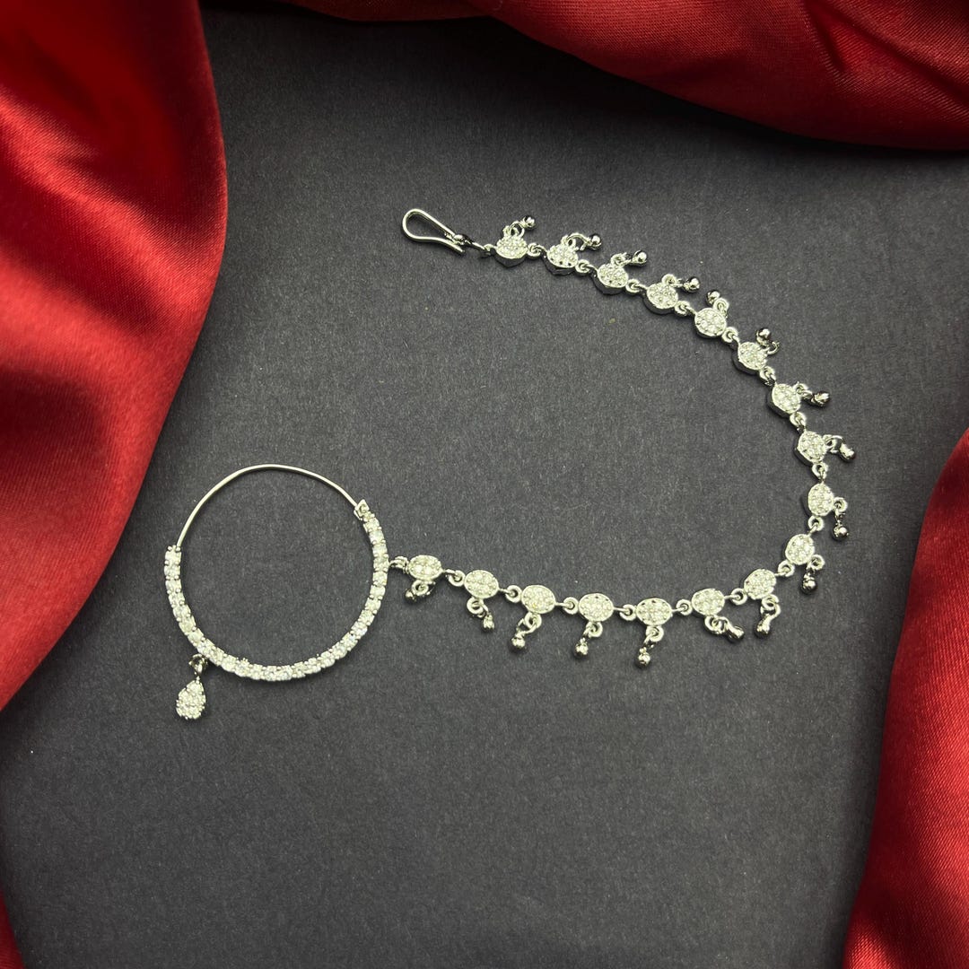 Silver Diamond Nath | Bridal Nose Ring With Chain | Indian Wedding ...