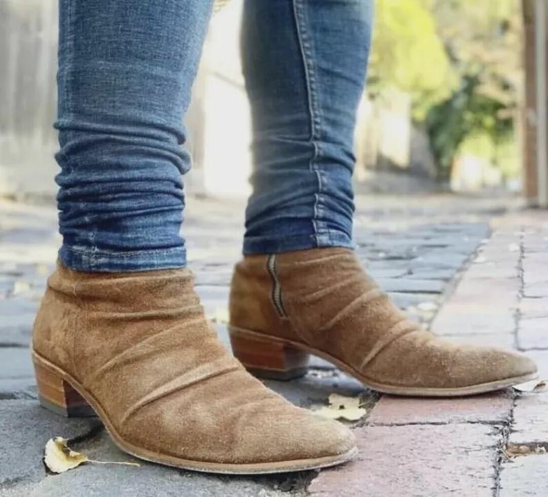 Handmade Beige Suede Wrinkled Boots, Men's Cowboy Style - Etsy