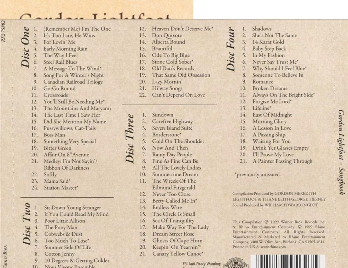 Gordon Lightfoot Songbook, 4 Cds, Previously Unissued Songs - Etsy