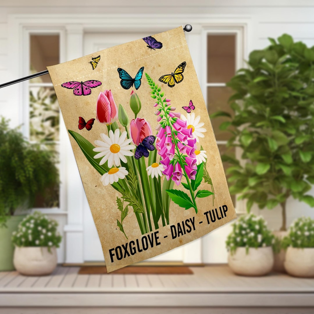 Foxglove Daisy Tulip Floral House Flag, Foxtrots Deltas Tangos Retro ...