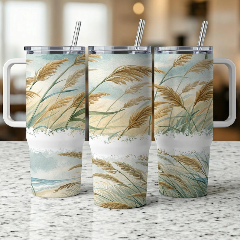 Beach Grass 40 Oz Tumbler Wrap Png, Seamless Coastal Design, Watercolor Tumbler Design ...