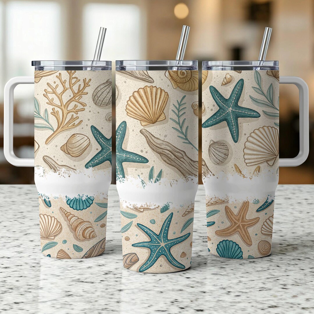 Beachy Seashells 40 Oz Tumbler Wrap Png, Seamless Coastal Design, Ocean ...
