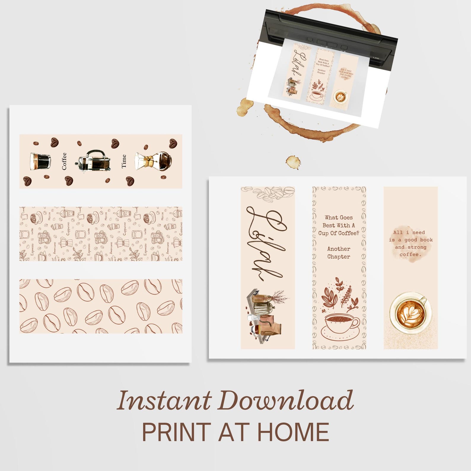 Coffee Pattern Bookmark | Set of 6 Coffee -themed Printable Bookmarks ...