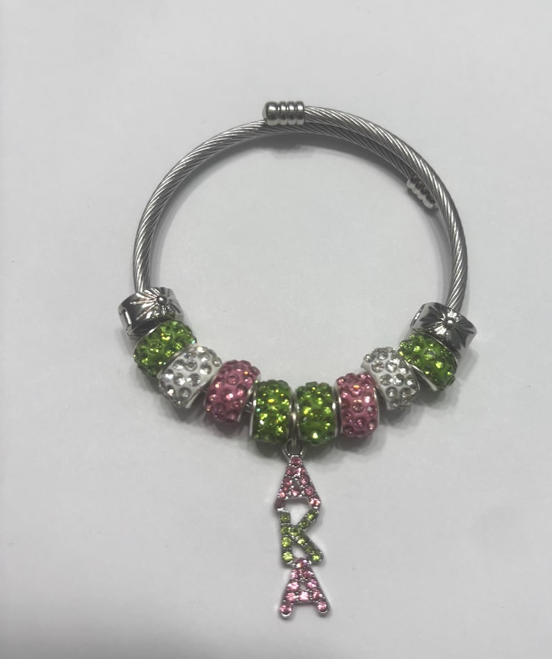 Sorority Bracelet: Pink & Green Crystal Charm - Etsy