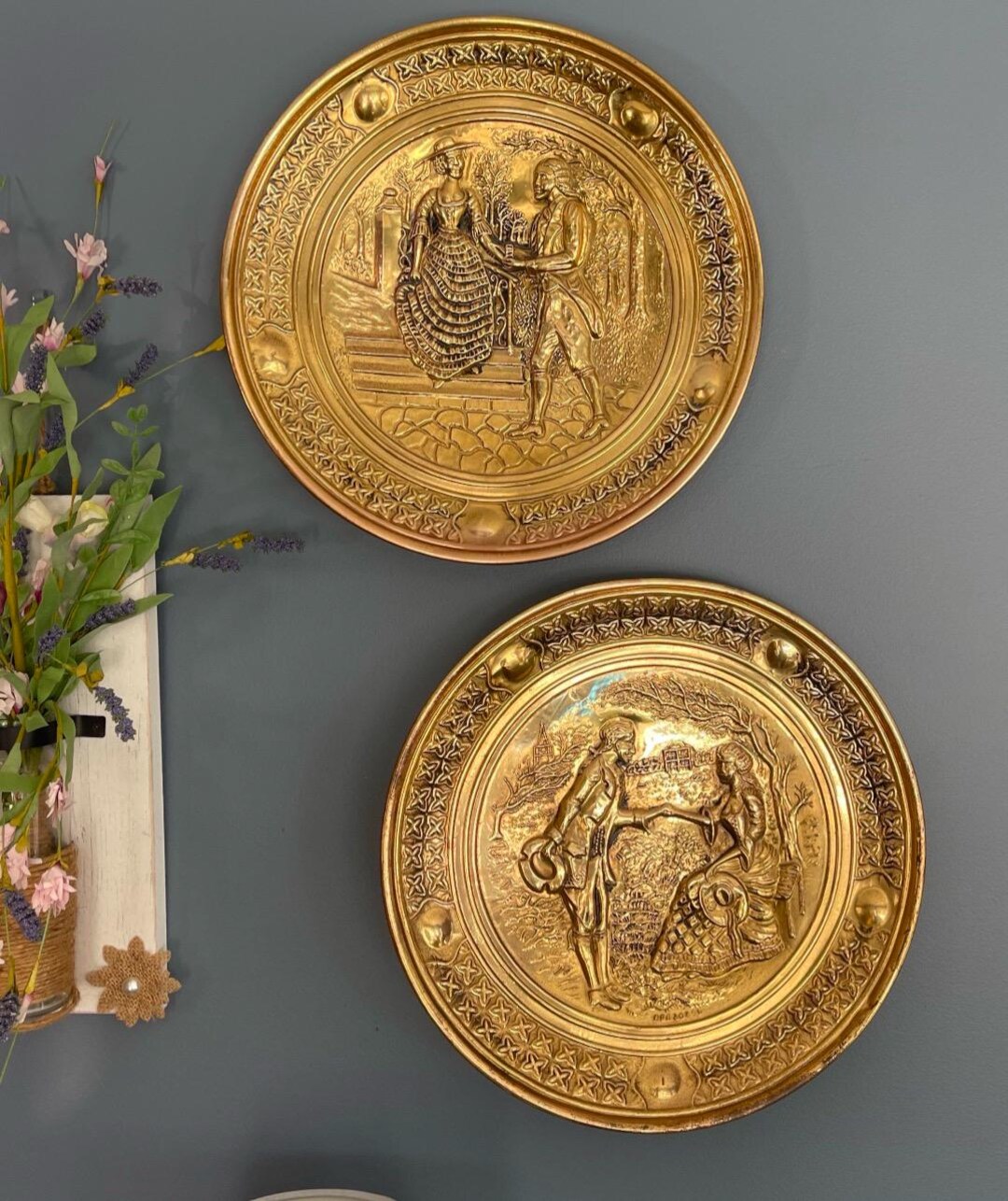 Set of Vintage English Brass Colored Tin courting Couple Wall Plates ...