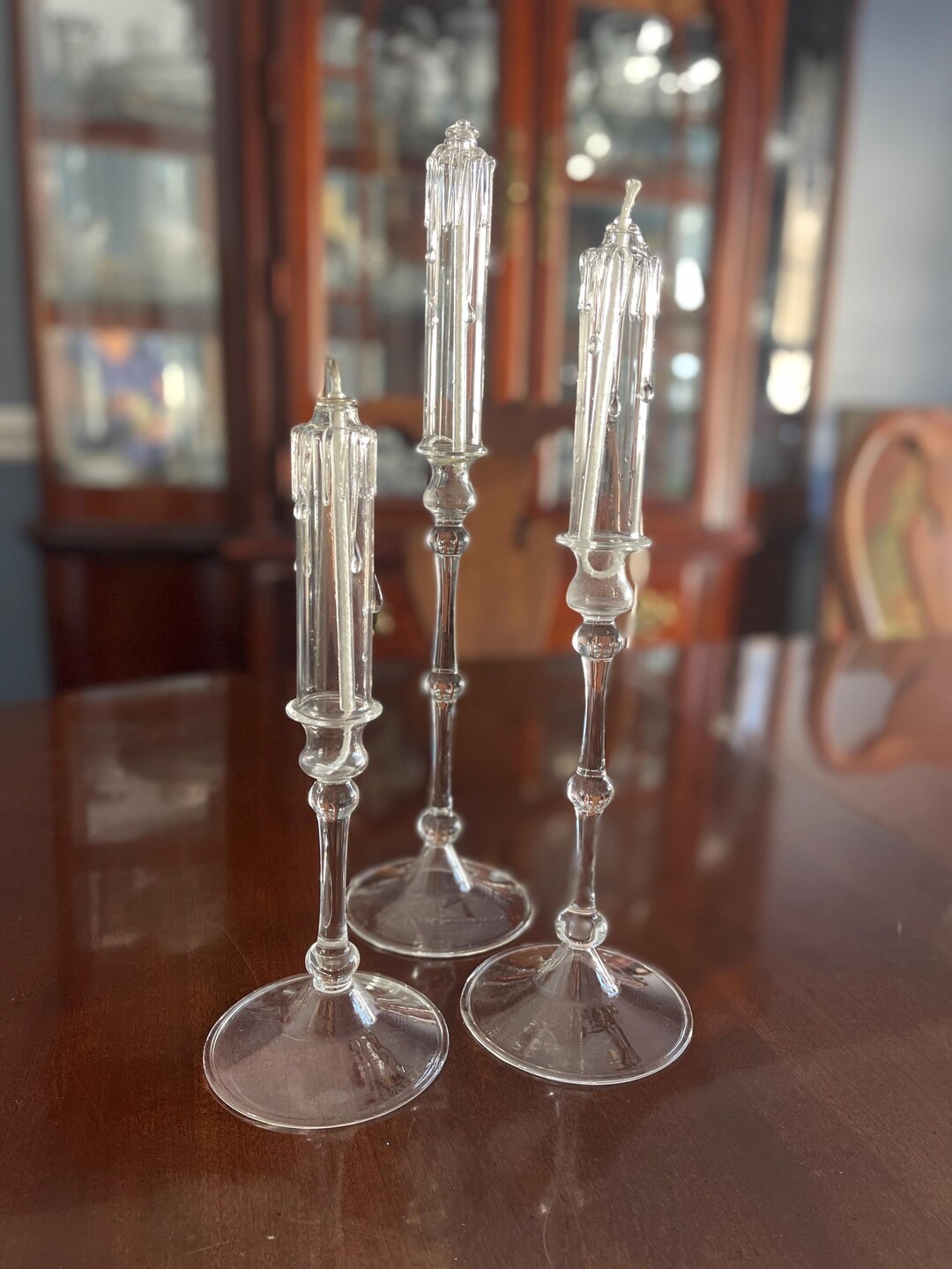3 Glass Drip Candlesticks Oil Lamps Footed Stem Vintage Home Decor 15 ...