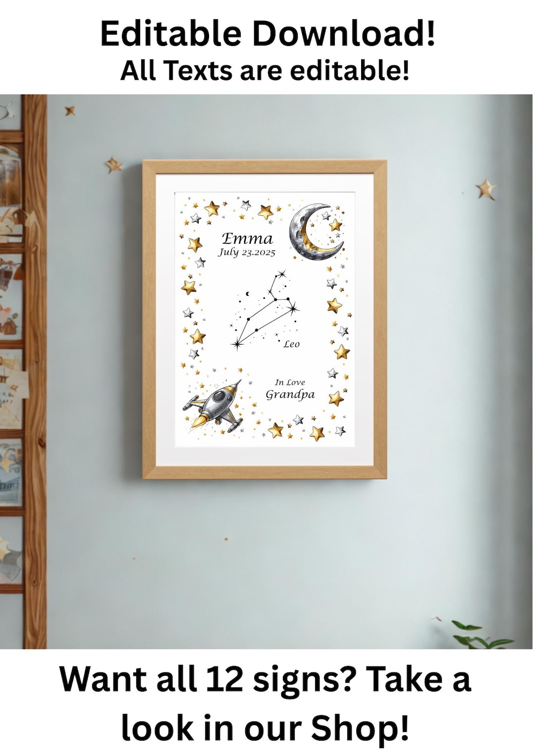 Editable Leo Name Poster – Custom Zodiac Sign PDF – Personalized Baby ...