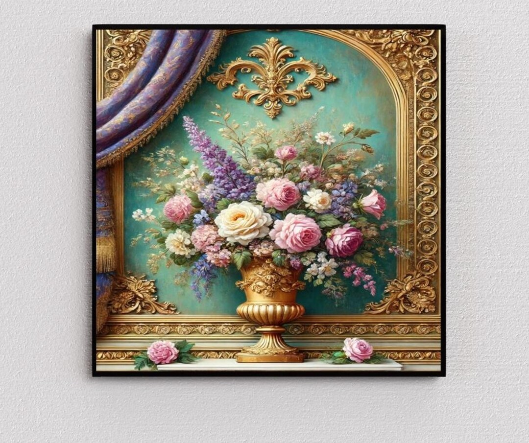 Vintage Floral Wall Art, Elegant Rose Peony Bouquet Print, Luxury Gold ...