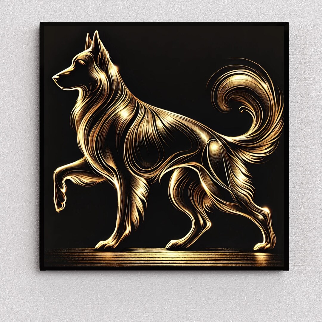 Golden German Shepherd Silhouette Art – Elegant Gold Line Dog Wall ...