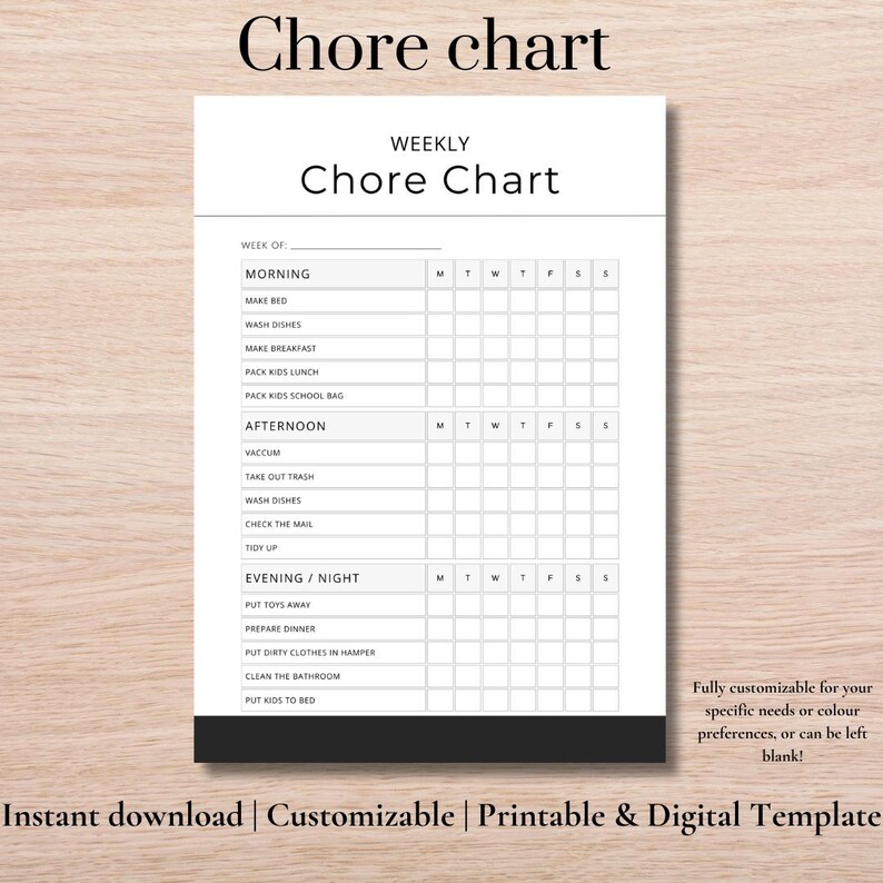 Editable Chore Chart Printable Customizable Digital Download Easy ...
