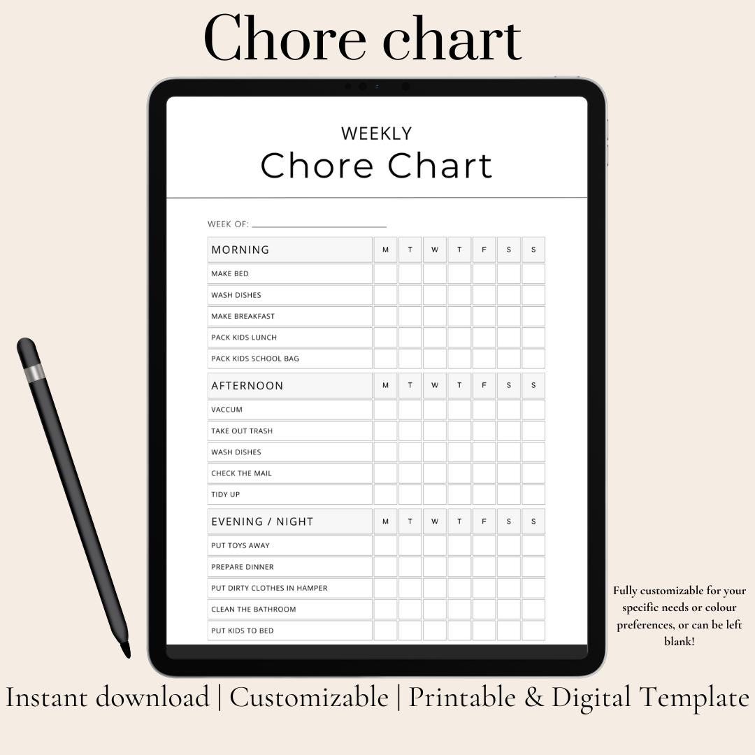 Editable Chore Chart Printable Customizable Digital Download Easy ...