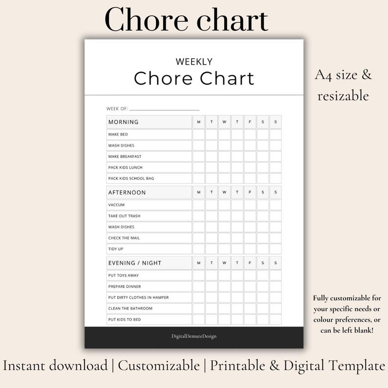 Editable Chore Chart Printable Customizable Digital Download Easy ...