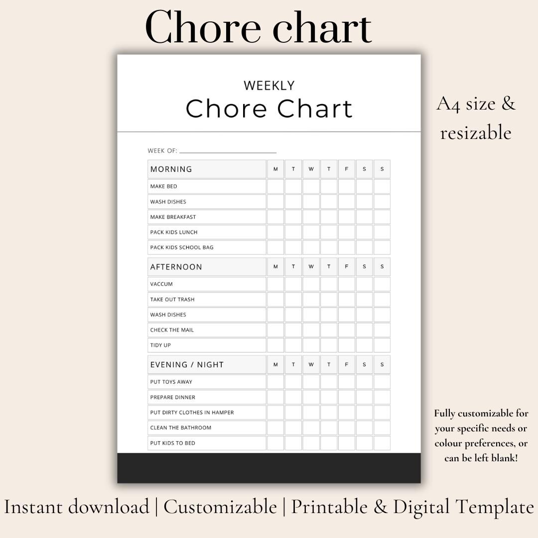 Editable Chore Chart Printable Customizable Digital Download Easy ...
