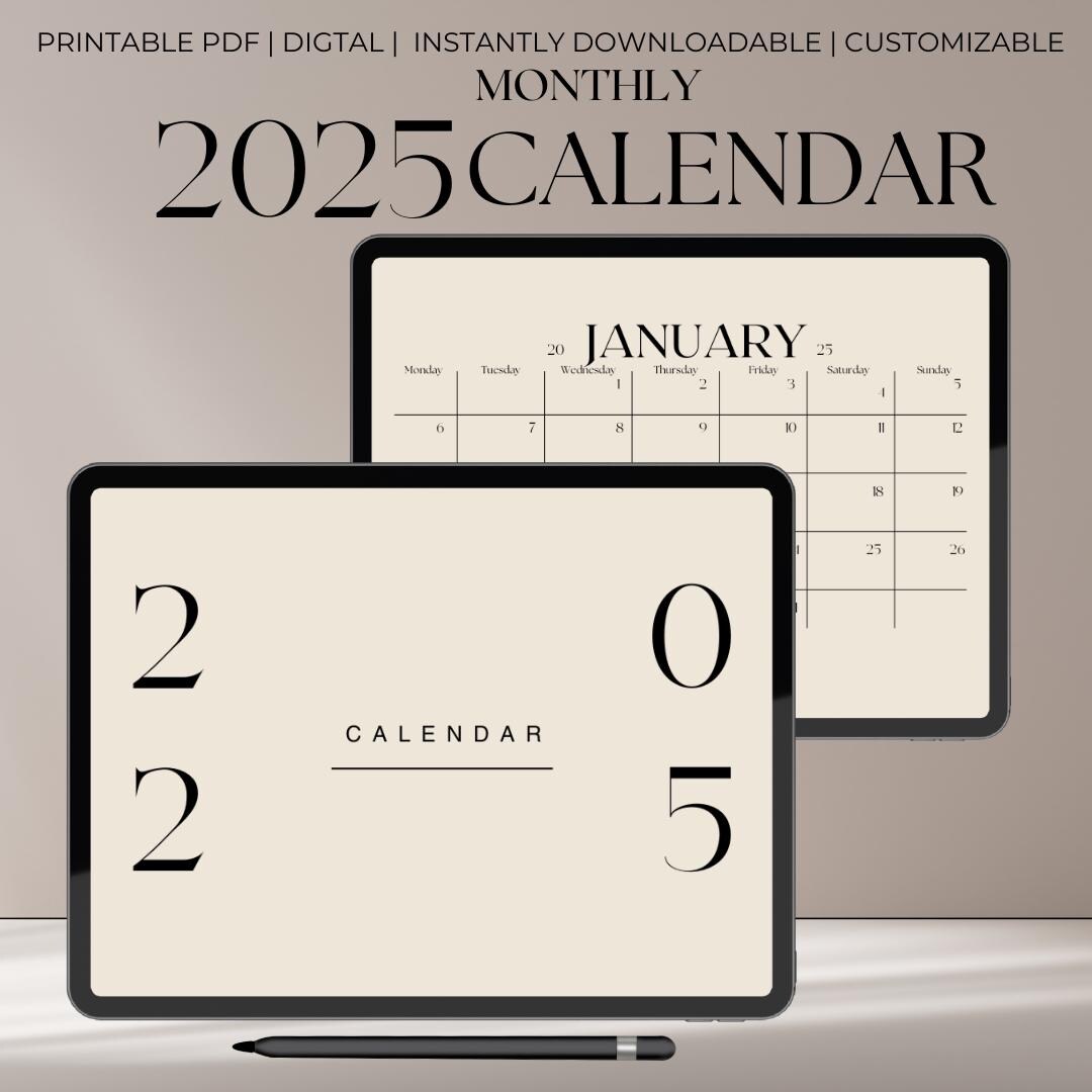 Neutral Minimalist 2025 Monthly Calendar Digital Beige Planner Dated ...