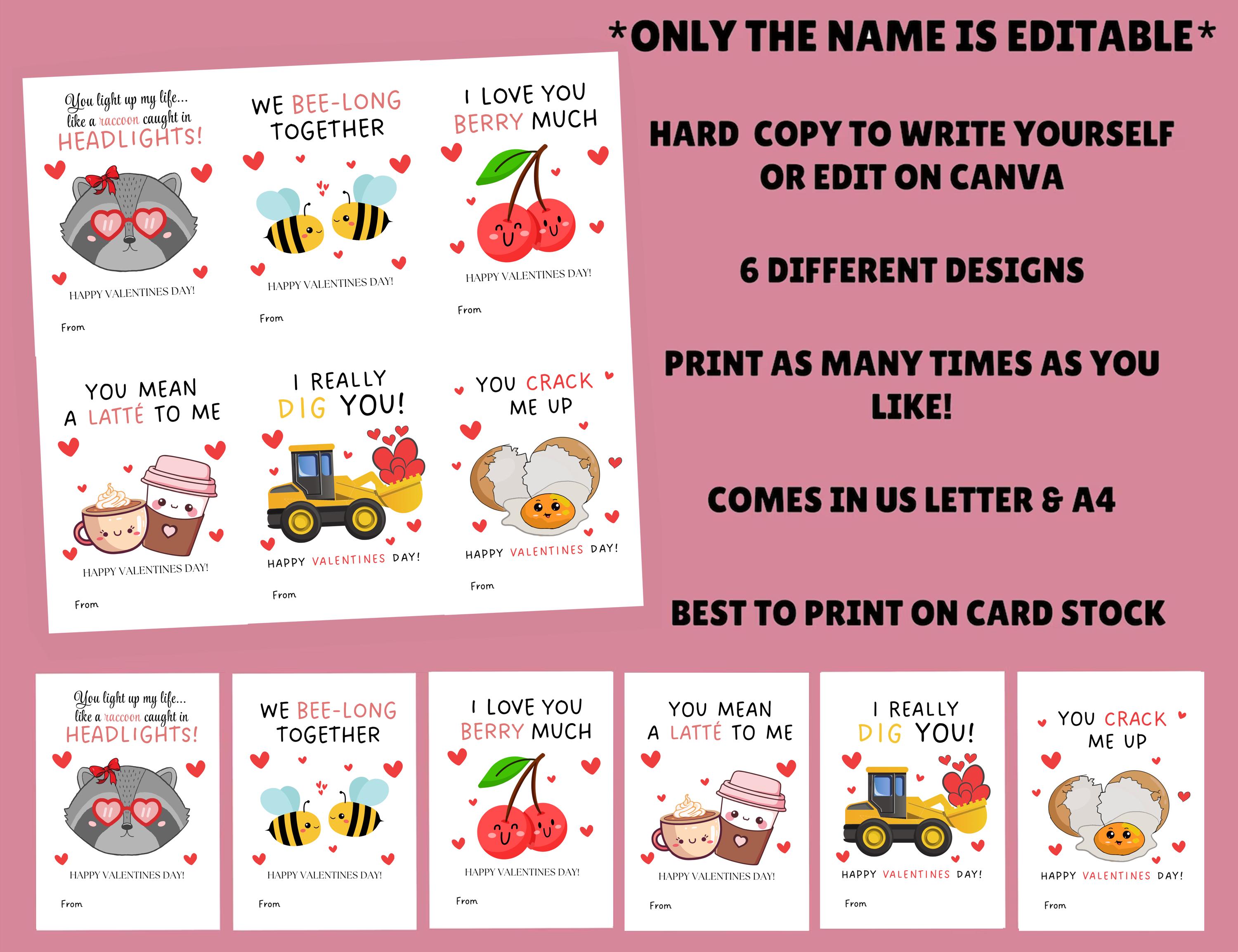 EDITABLE Printable Valentine Cards Set, Classroom Valentines Day Cards ...