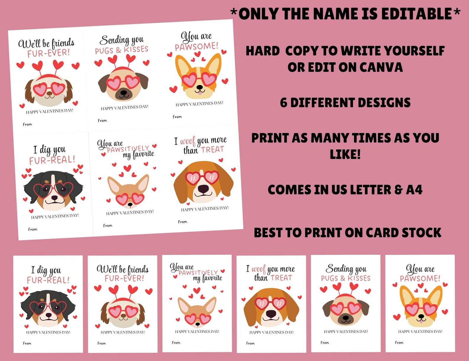 EDITABLE Printable Dog Valentine Cards, Classroom Valentines Day Cards ...