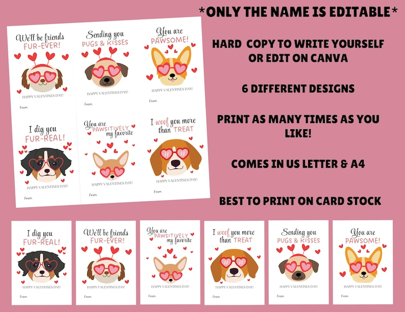 EDITABLE Printable Dog Valentine Cards, Classroom Valentines Day Cards ...