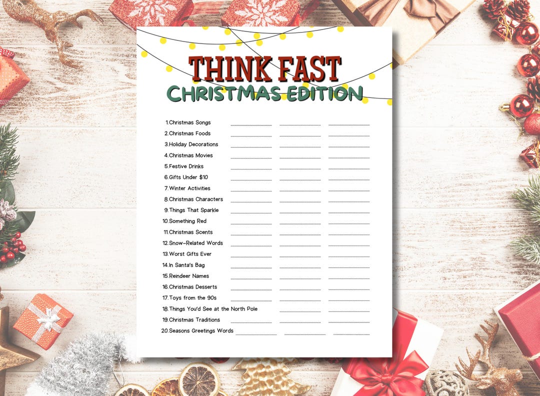 Think Fast Christmas Game Printable • Holiday Party Icebreaker • Fun ...