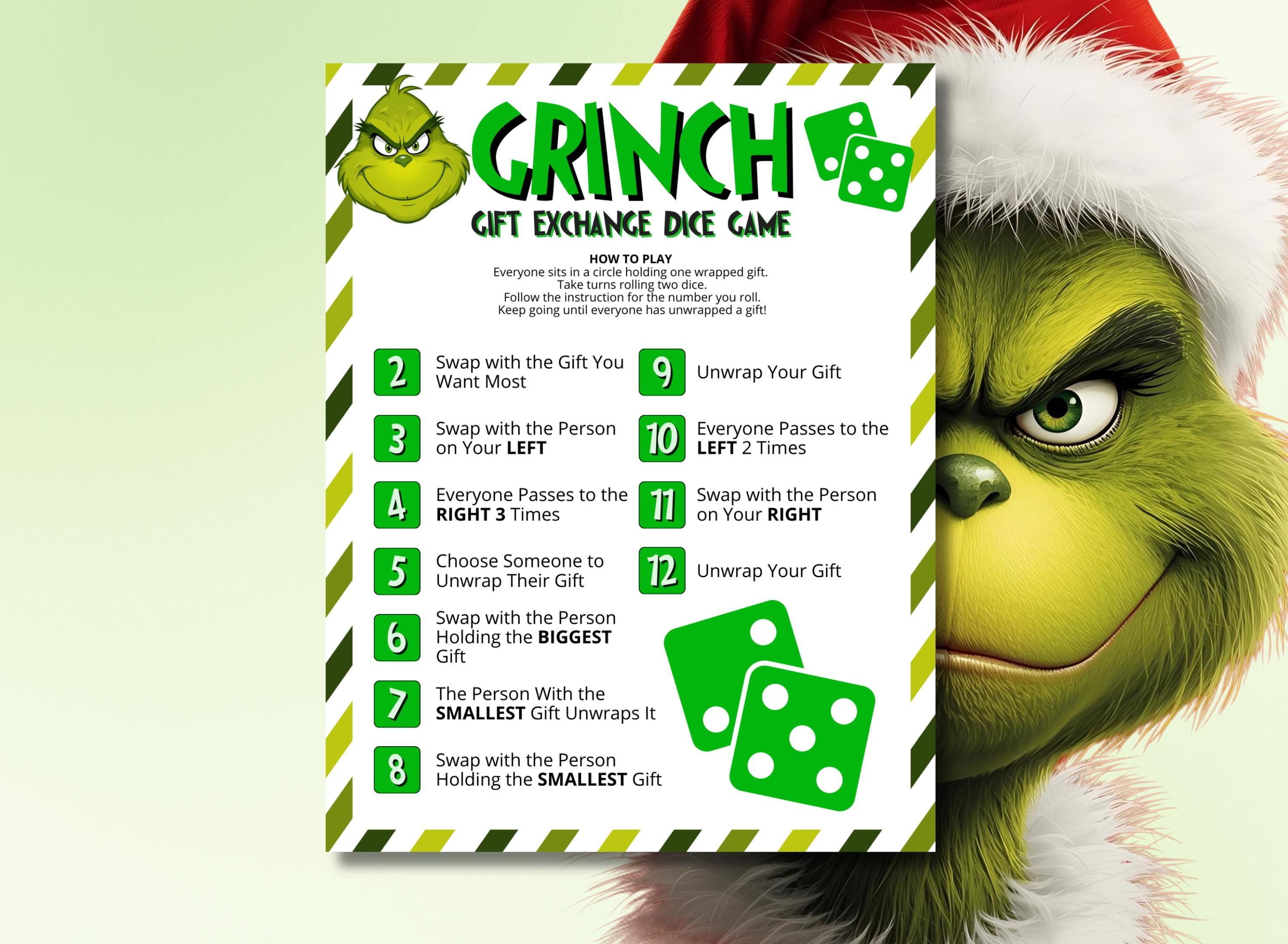 Printable Grinch Dice Gift Exchange Game | Christmas Pass the Present ...