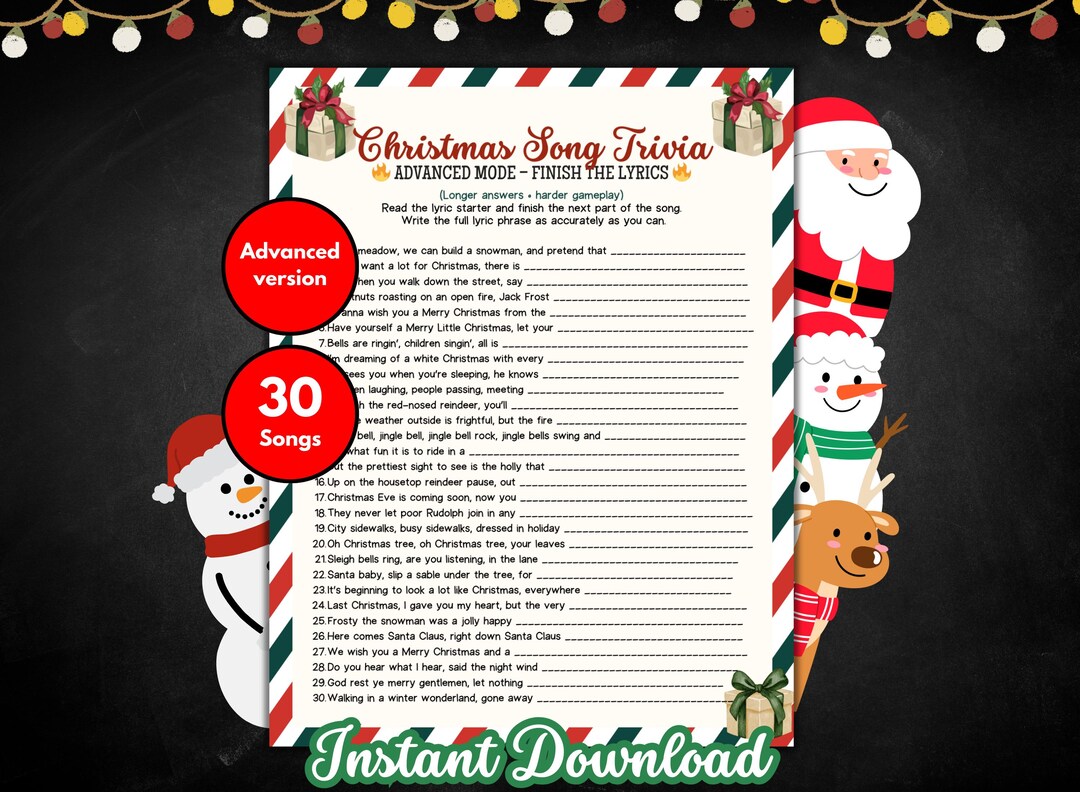 Christmas Song Trivia, Finish the Lyrics Game (printable) - Etsy