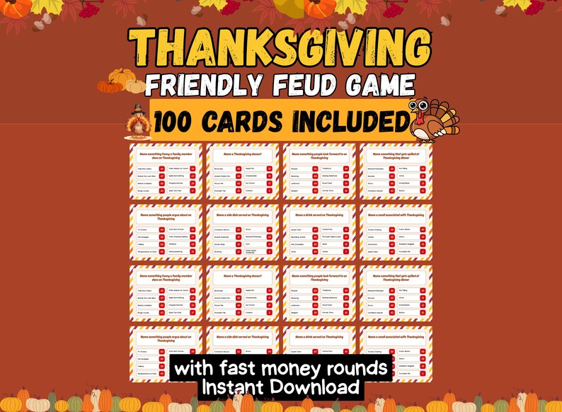 Thanksgiving Family Feud Game • 100 Question Cards (printable) - Etsy