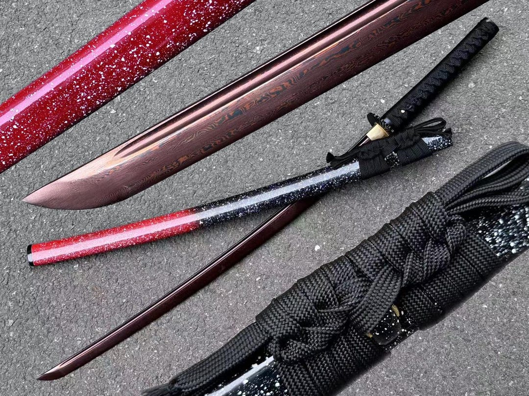 Red Damascus Katana Sword – Galaxy Gradient Saya, Handmade Full Tang ...