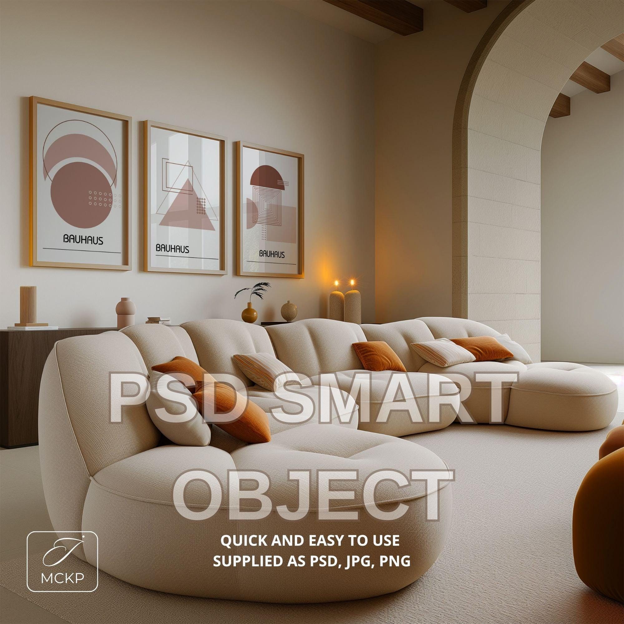 Set of Three Mockup Living Room Frames - Three Poster Print Mockup ...