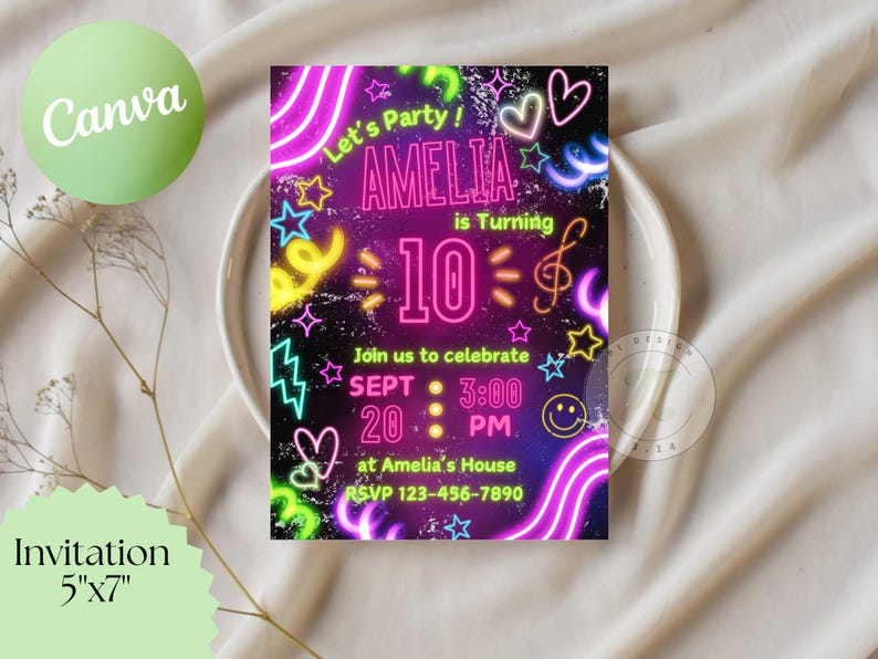 Editable Neon Party Invitation | Glow Party Invitation | Digital ...