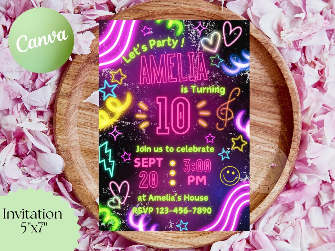 Editable Neon Party Invitation | Glow Party Invitation | Digital ...