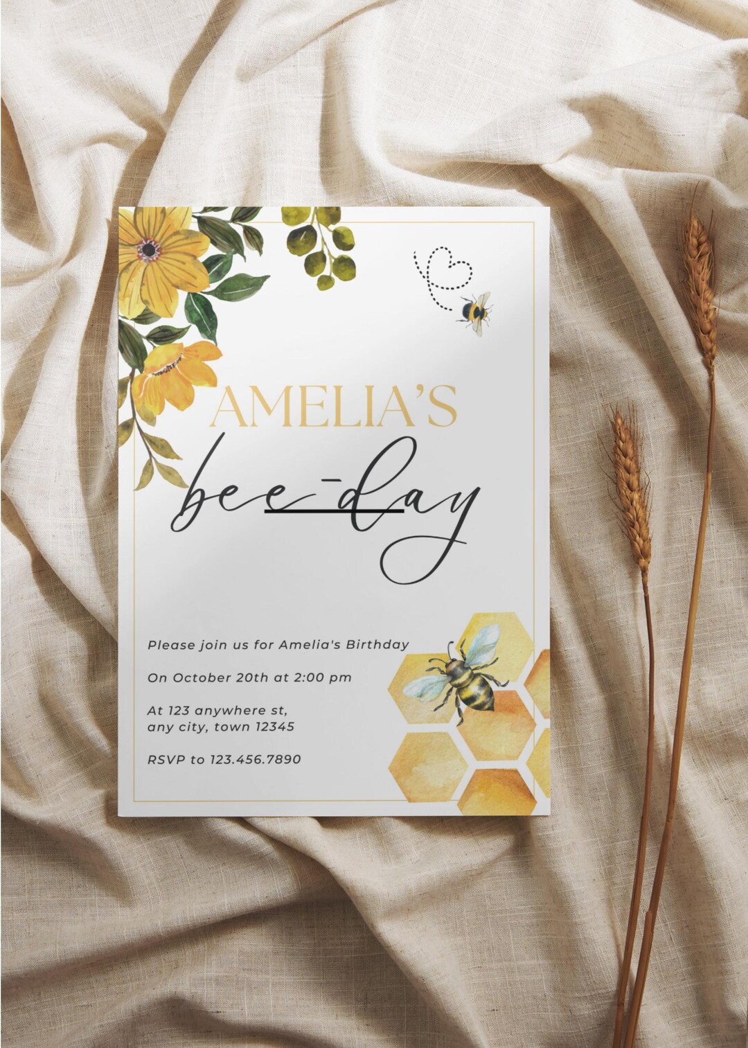 Bee Birthday Invitation Editable Bumble Bee Party Invite Girls Bee-day ...