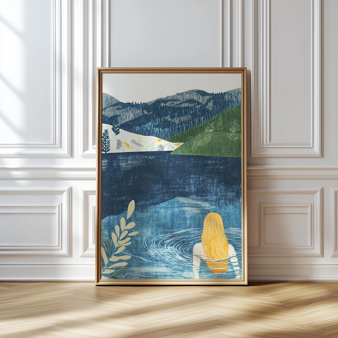 Wild Swimming Art Print: Blue Lake, Open Water Swimmer (digital ...