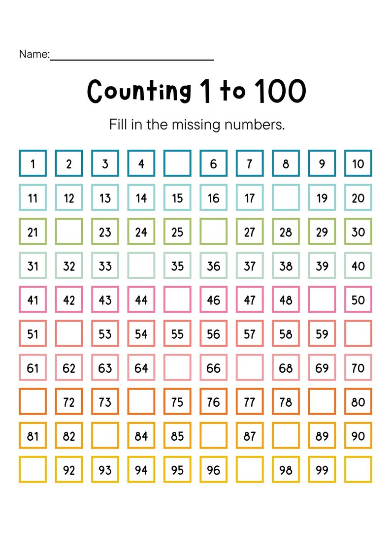 Counting to 100 Math Worksheet in Colorful Box Style - Etsy