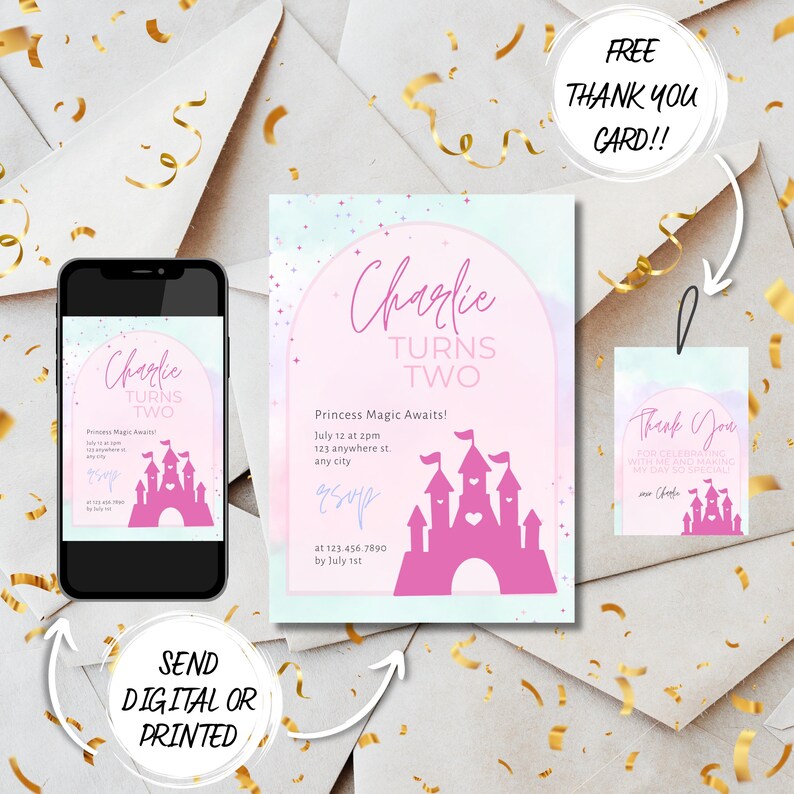 Editable Princess Birthday Invitation | Cute Glitter Castle Party ...